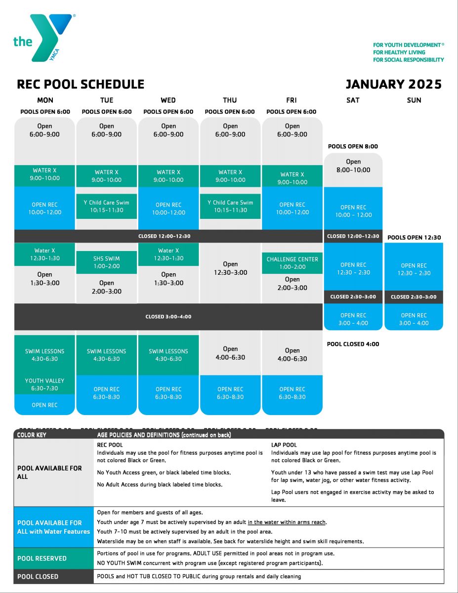 Superior YMCA hot tub, lap, and recreational pool schedules